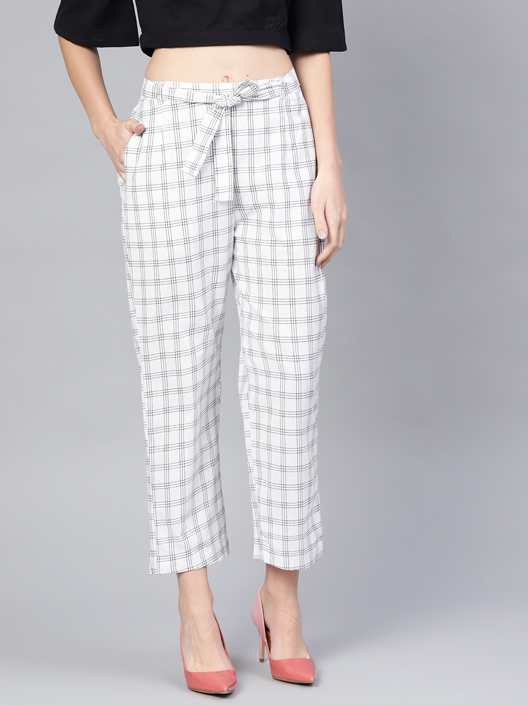 Buy Myshka Women White & Black Slim Fit Checked Regular Trousers ...