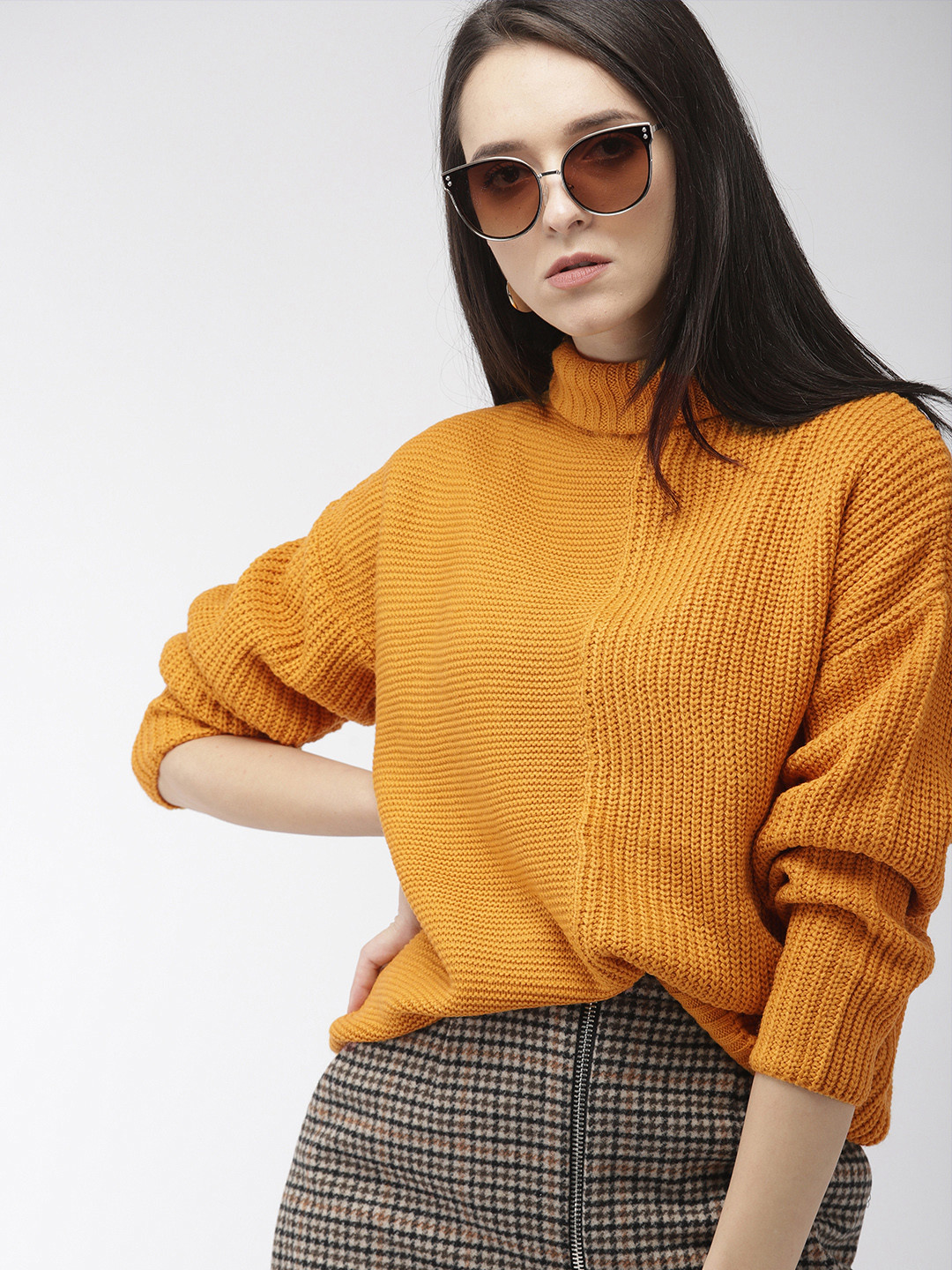 Buy FOREVER 21 Women Mustard Yellow Self Design Sweater - Sweaters for ...
