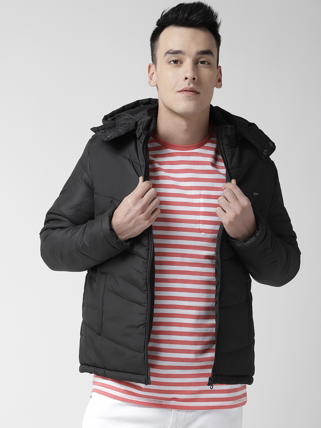 Buy Flying Machine Men Black Solid Puffer Jacket With Detachable Hood ...