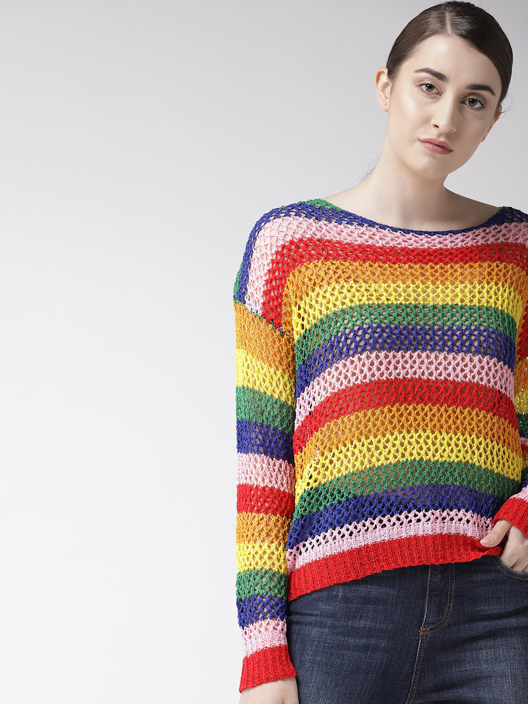 Buy FOREVER 21 Women Multicoloured Self Striped Sweater - Sweaters for ...