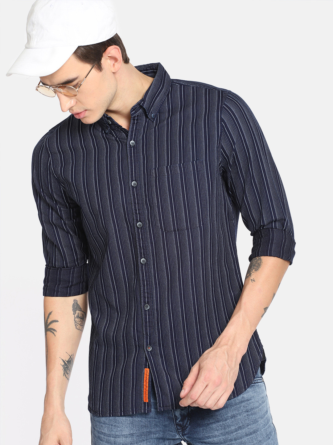 Buy SINGLE Men Navy Blue & White Striped Casual Shirt - Shirts for Men ...