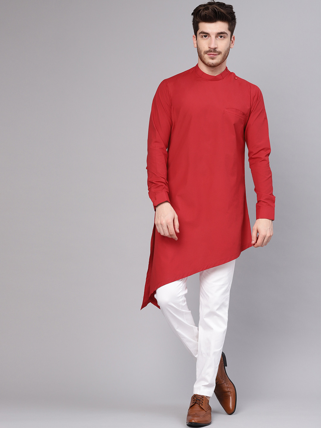 Buy See Designs Men Red Solid Asymmetric Hemline Straight Kurta ...