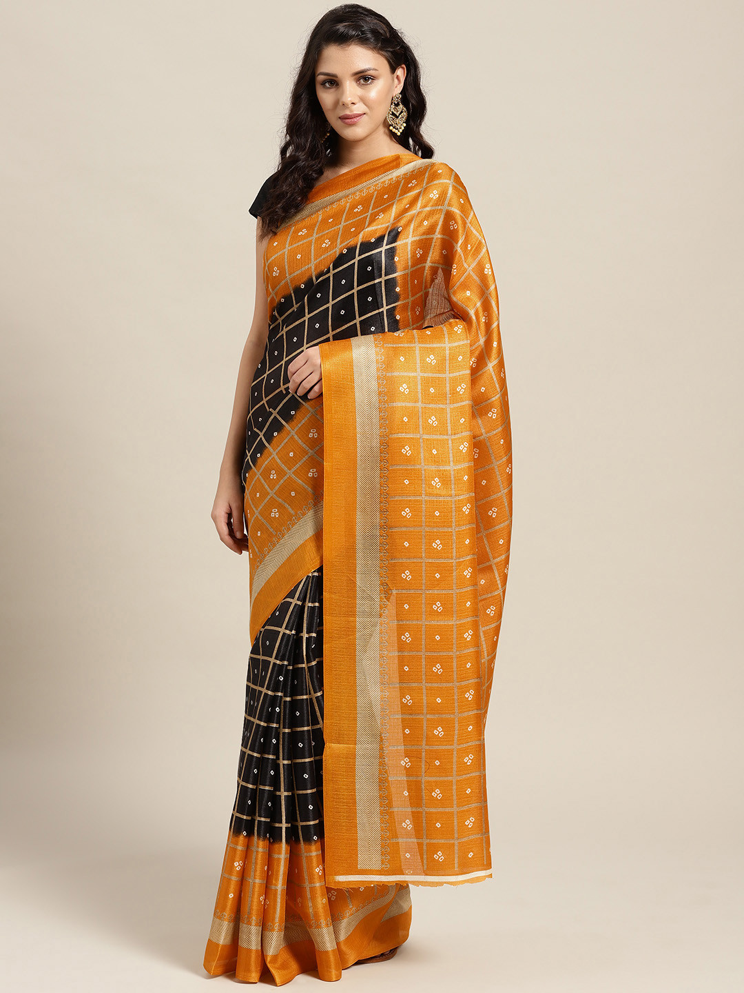Buy Ishin Black & Mustard Yellow Checked Mysore Silk Saree - Sarees for ...