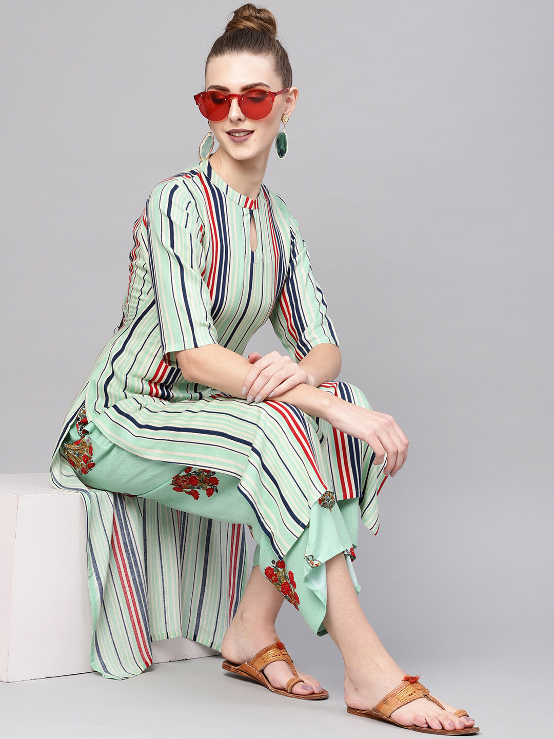 Buy Gerua By Libas Women Sea Green Blue Striped Kurta With Palazzos ...