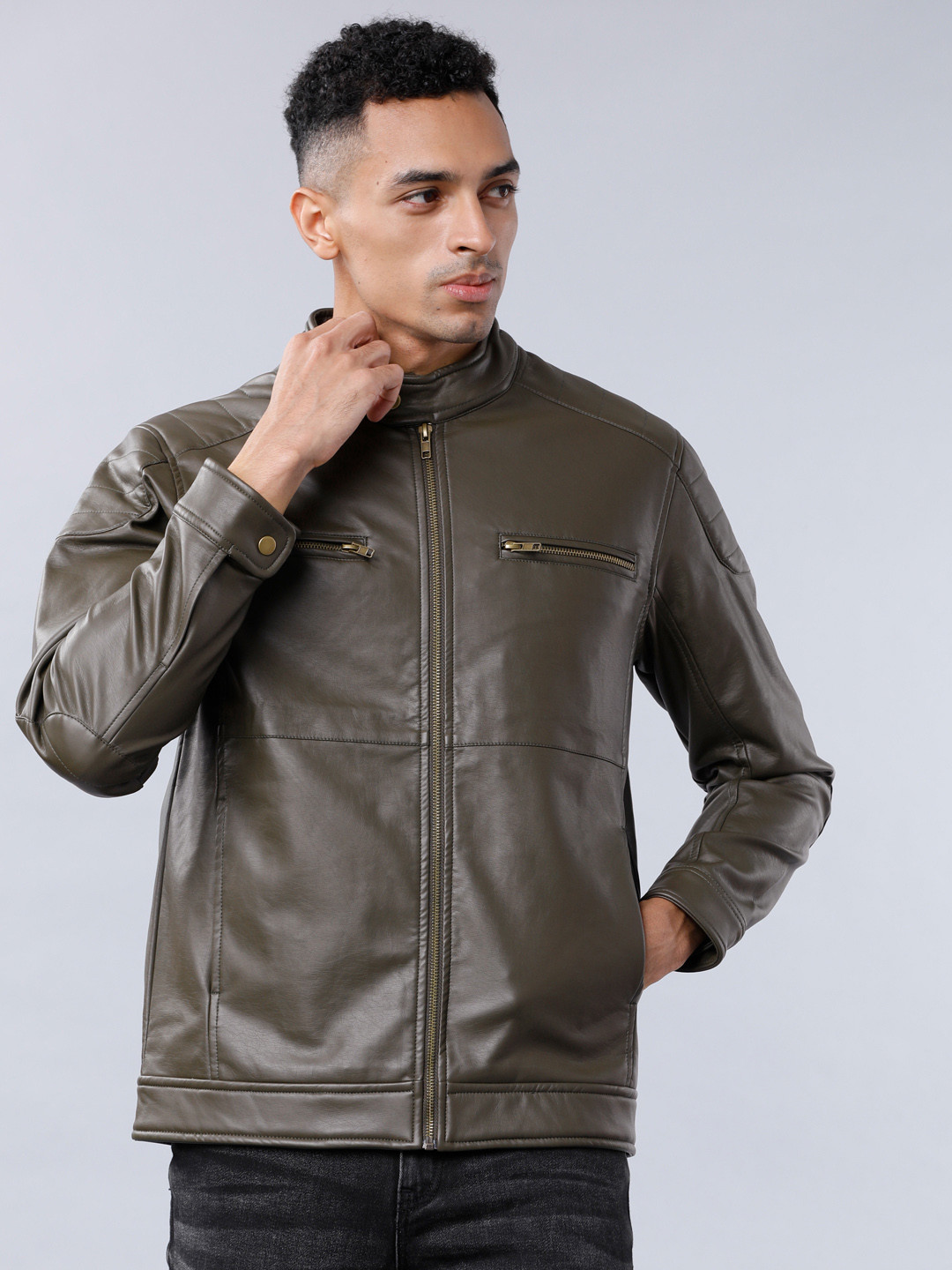 Buy HIGHLANDER Men Olive Green Solid Leather Biker Jacket - Jackets for ...