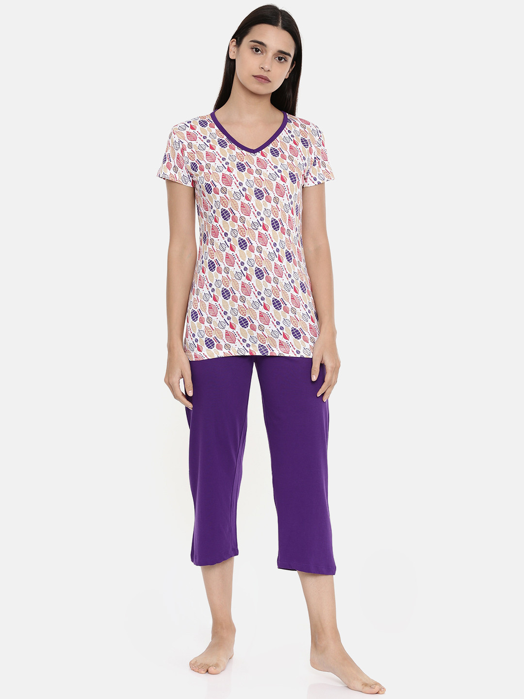 Buy Zebu Women White & Purple Printed Night Suit - Night Suits for ...