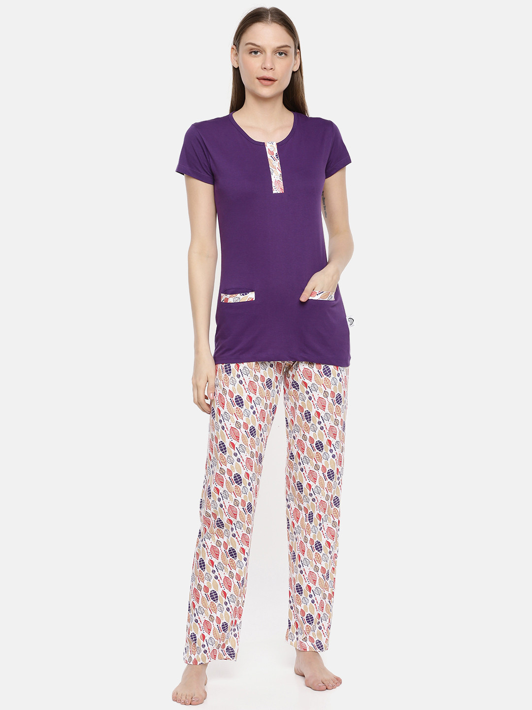 Buy Zebu Women Purple & White Solid Night Suit - Night Suits for Women ...