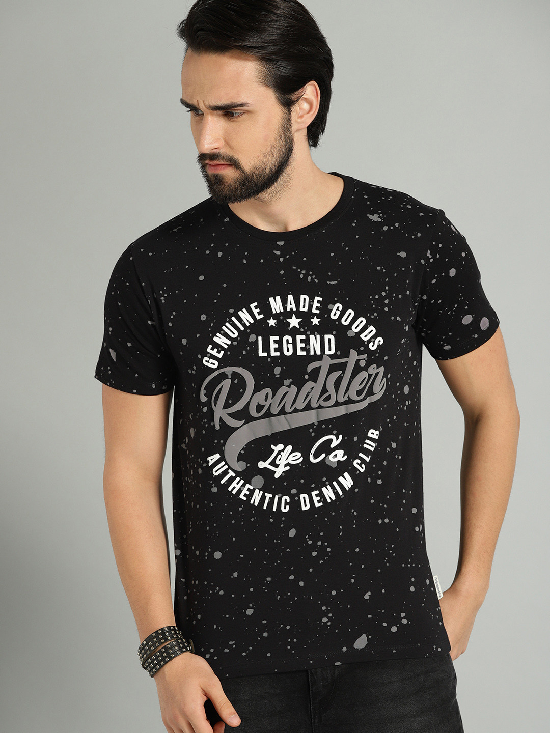 Buy The Roadster Lifestyle Co Men Black Printed Round Neck Pure Cotton T Shirt - Tshirts for Men ...