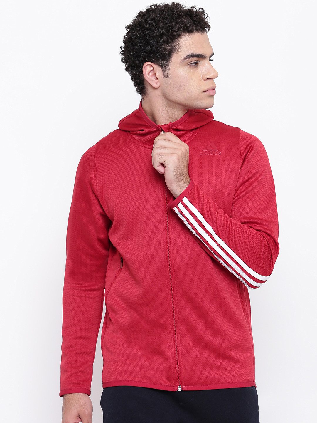 Buy ADIDAS Men Red Training Daily 3 Stripes Solid Hooded Jacket ...