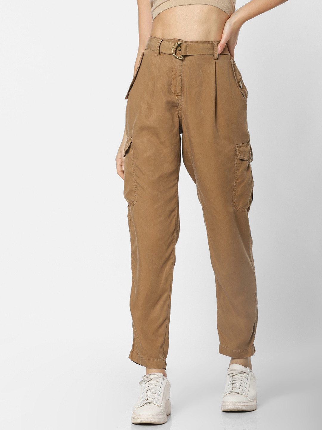 Buy ONLY Women Khaki Solid Cargos - Trousers for Women 10531562 | Myntra