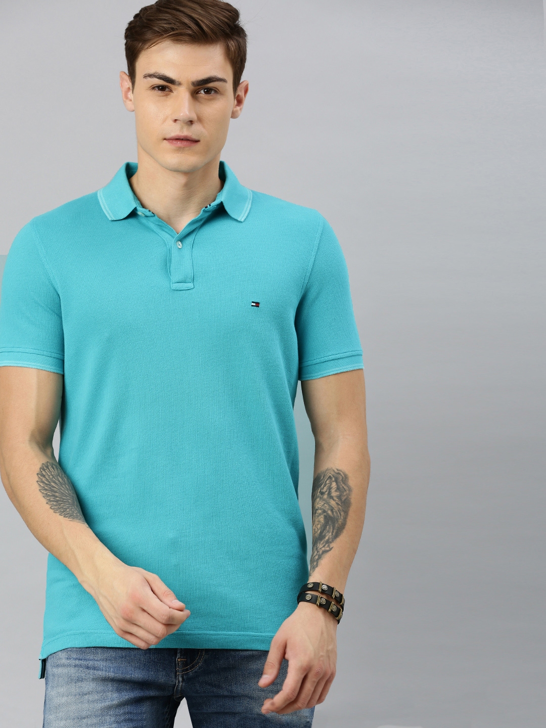 Buy Tommy Hilfiger Men Blue Solid Slim Fit Polo Collar Pure Cotton T