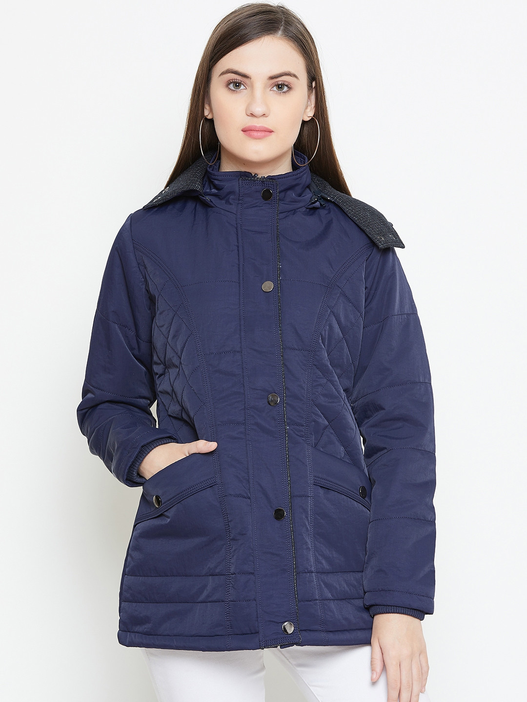 Buy Monte Carlo Women Navy Blue Solid Quilted Jacket - Jackets for ...