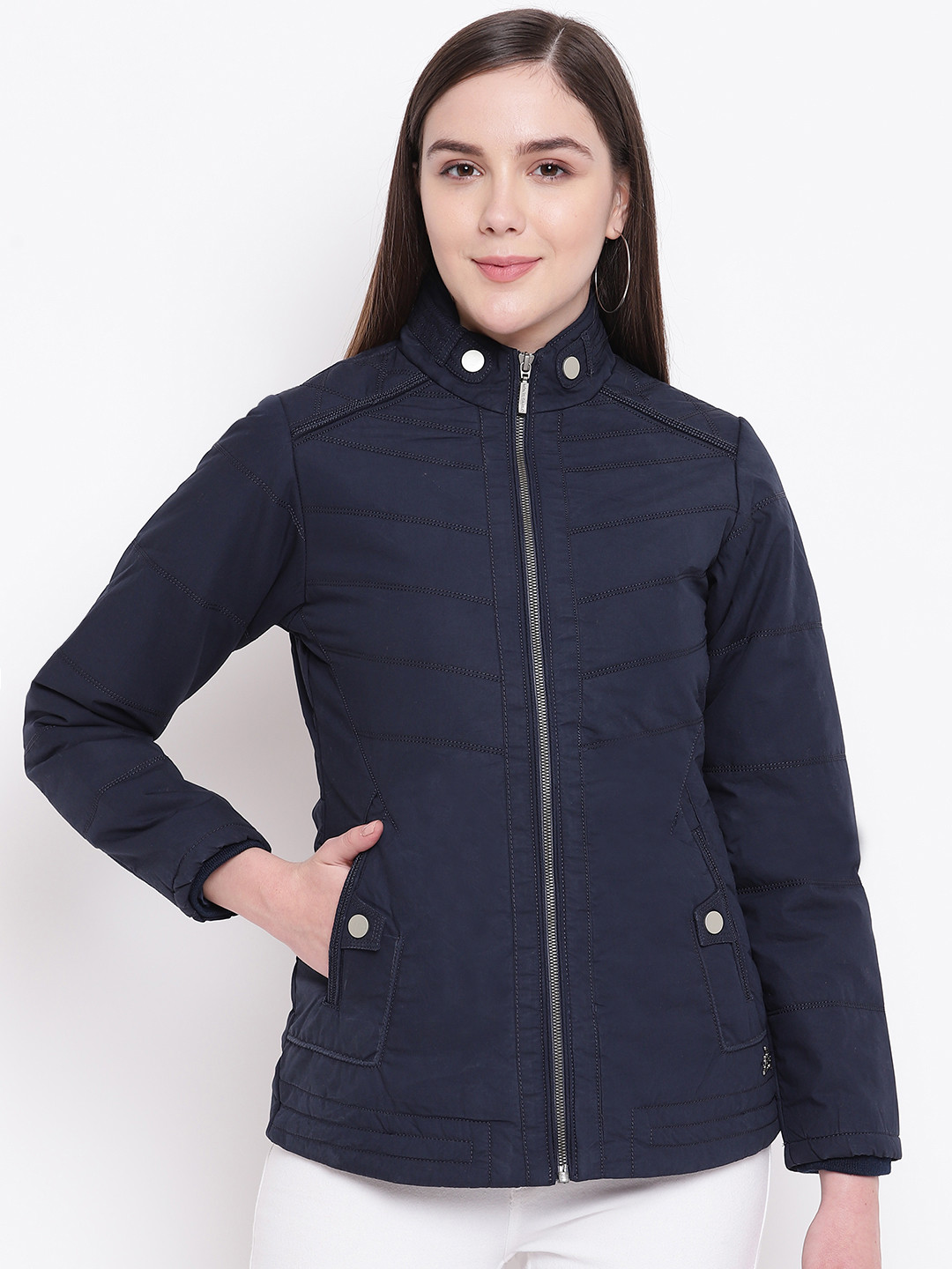Buy Monte Carlo Women Navy Blue Solid Padded Jacket - Jackets for Women ...