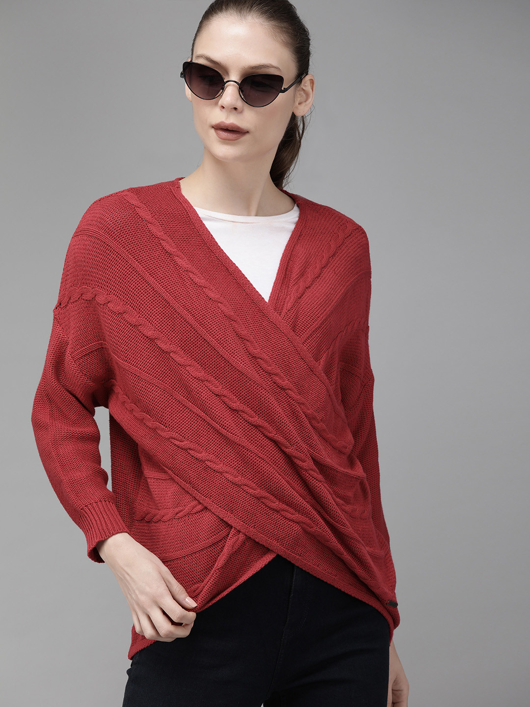 Buy The Roadster Lifestyle Co Women Red Self Design Pullover Sweater ...