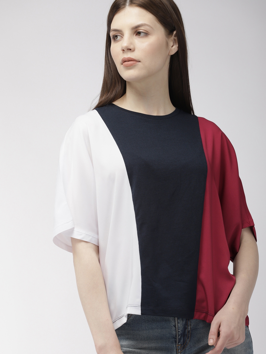 Buy Tommy Hilfiger Women Navy Blue Colourblocked Pure Cotton T Shirt