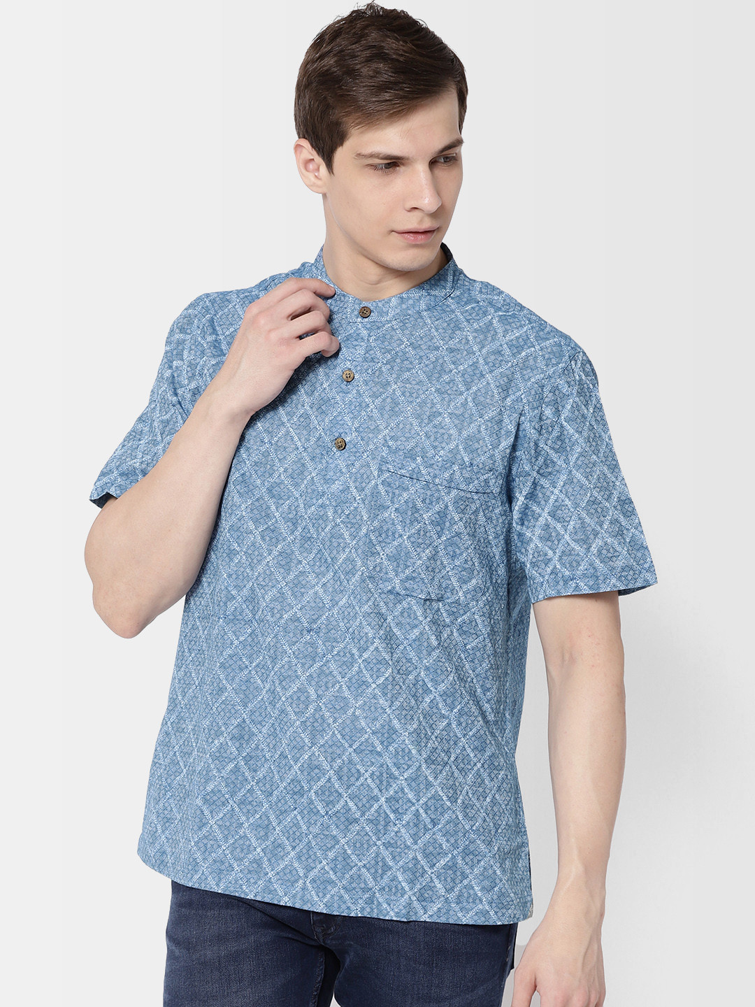Buy Fabindia Men Blue Self Checked Straight Kurta - Kurtas for Men ...