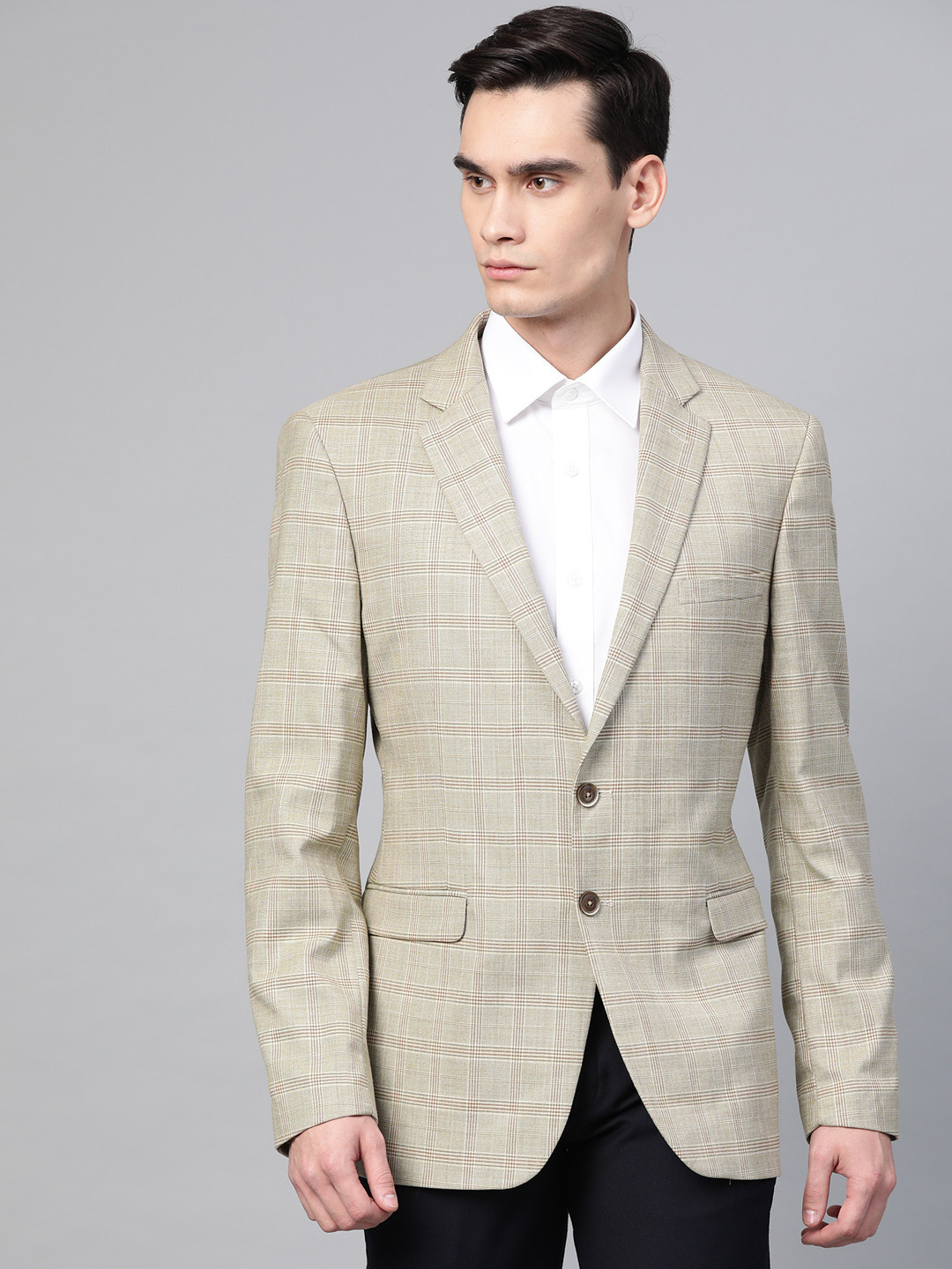 Buy Raymond Men Beige Slim Fit Checked Single Breasted Formal Blazer ...