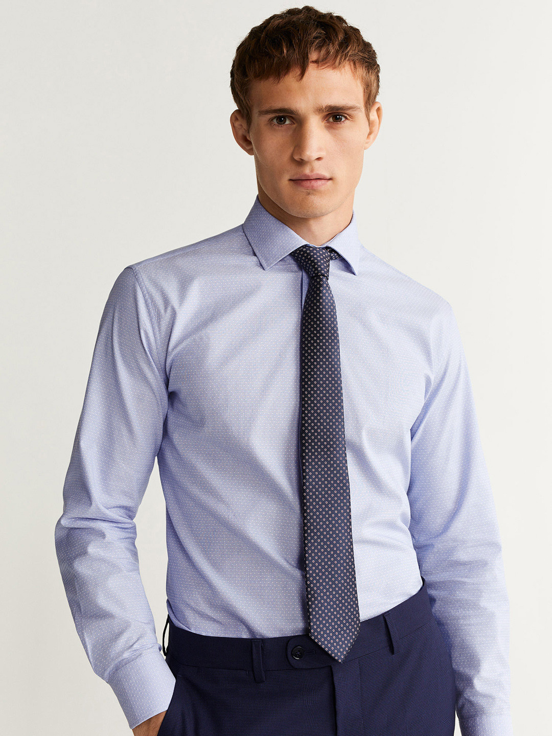 Buy MANGO MAN Blue & White Pure Cotton Self Design Regular Fit Formal ...