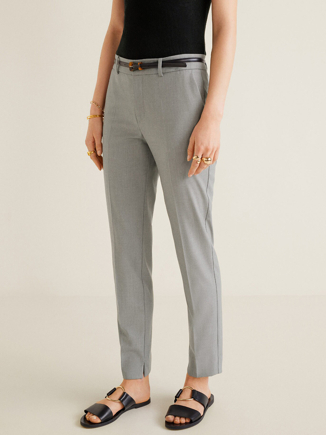 Buy MANGO Women Grey Regular Fit Solid Regular Trousers - Trousers for ...