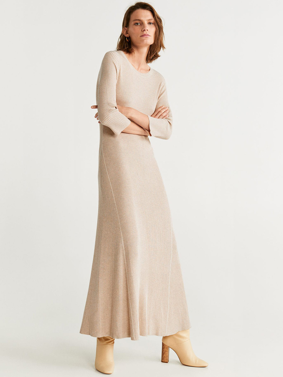 Buy MANGO Women Beige Ribbed Maxi Dress - Dresses for Women 10551832 ...