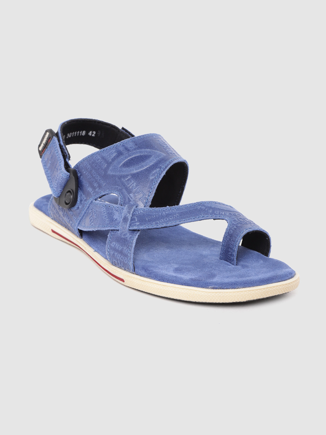 Buy Woodland Men Blue Leather Embossed Print One Toe Comfort Sandals ...
