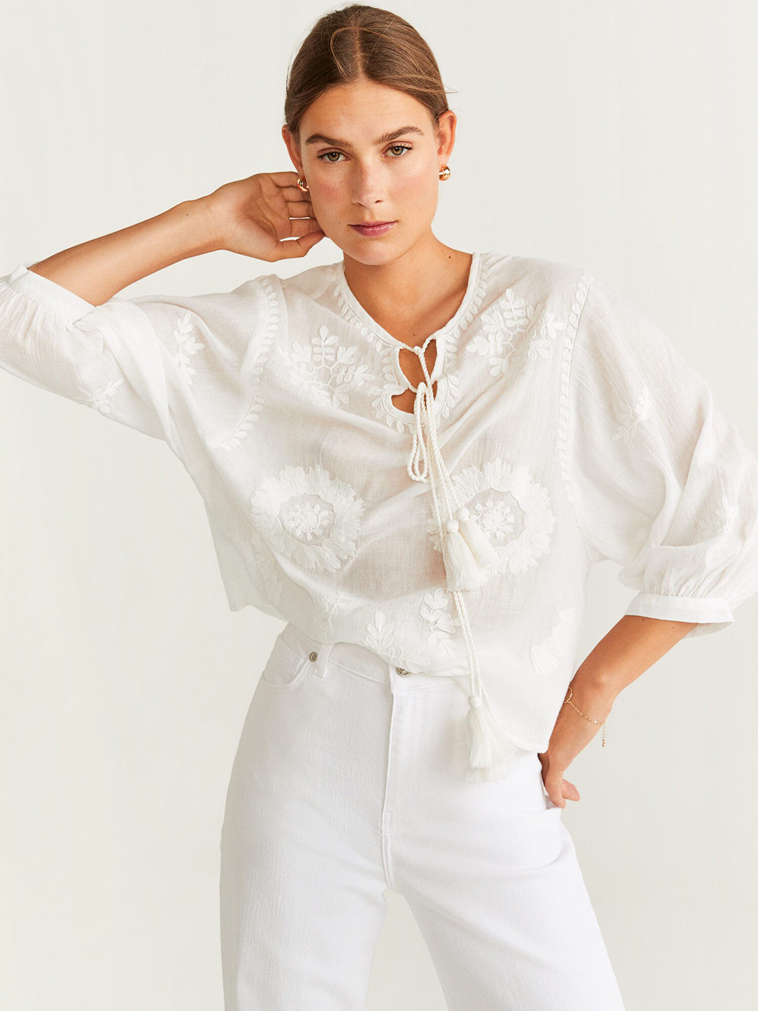 Buy MANGO Women White Embroidered Pure Cotton Top - Tops for Women ...