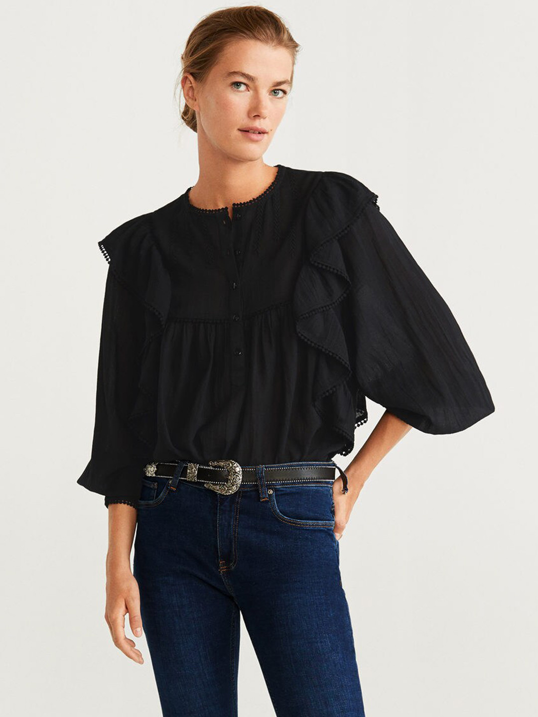 Buy MANGO Women Black Solid A Line Pure Cotton Top - Tops for Women ...