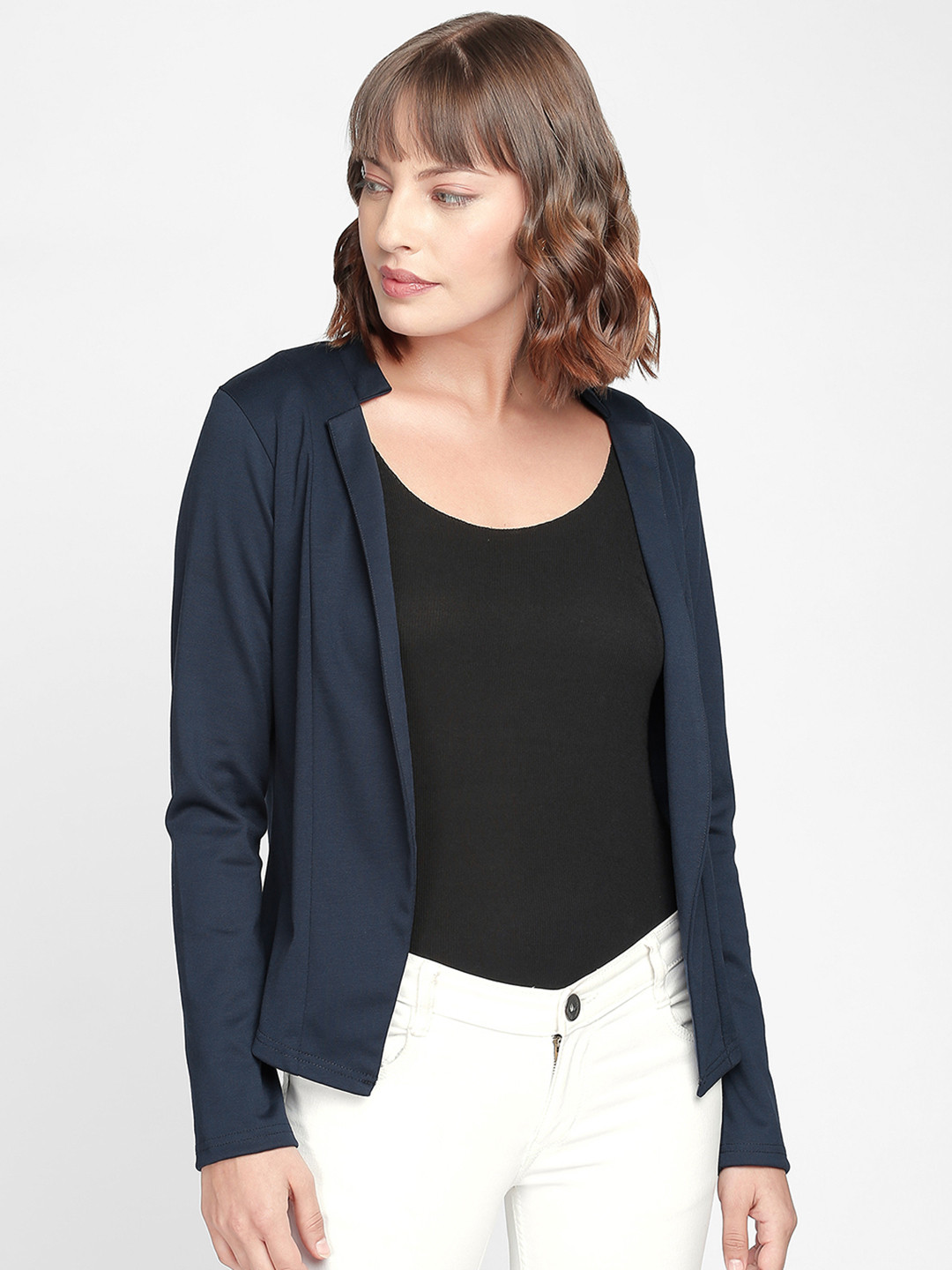 Buy AND Women Navy Blue Solid Open Front Jacket - Jackets for Women ...