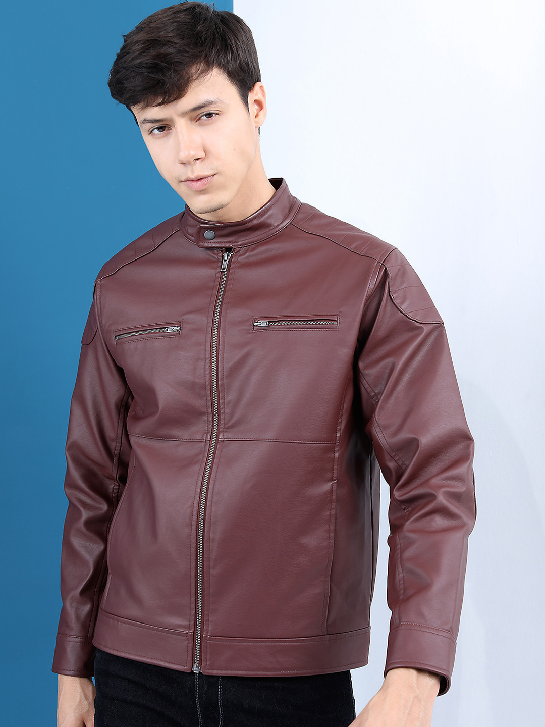 Buy HIGHLANDER Men Burgundy Solid Leather Jacket - Jackets for Men ...