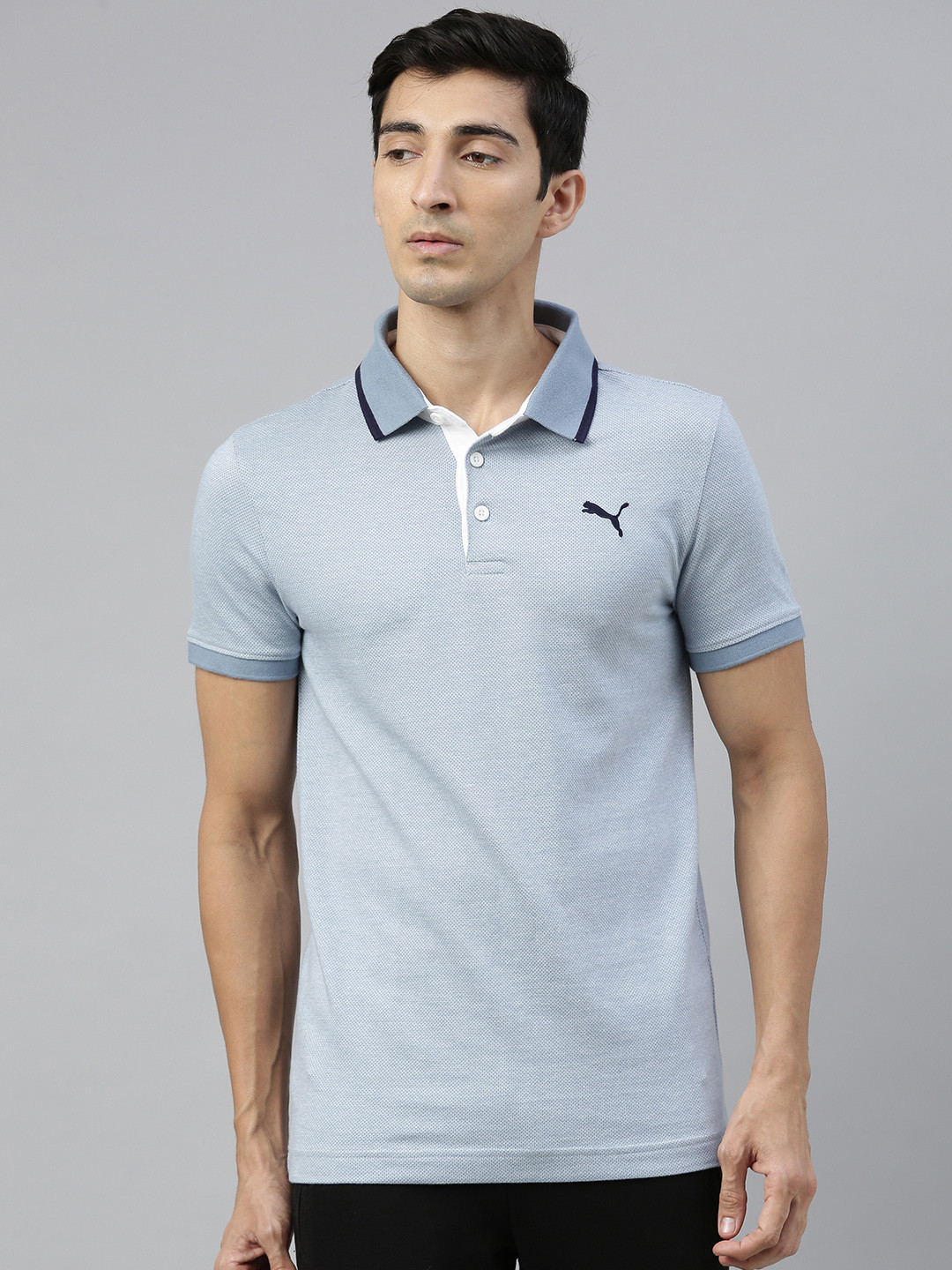 Buy Puma Men Blue Jacquard 2 Self Design Cotton Polo Collar Pure Cotton ...