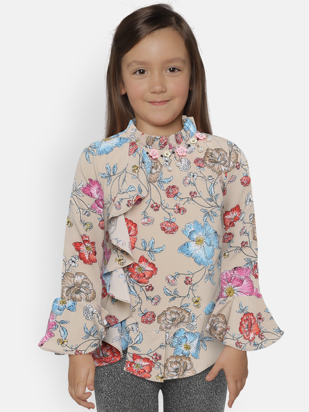 Buy Tiny Girl Girls Beige Floral Print A Line Top - Tops for Girls ...