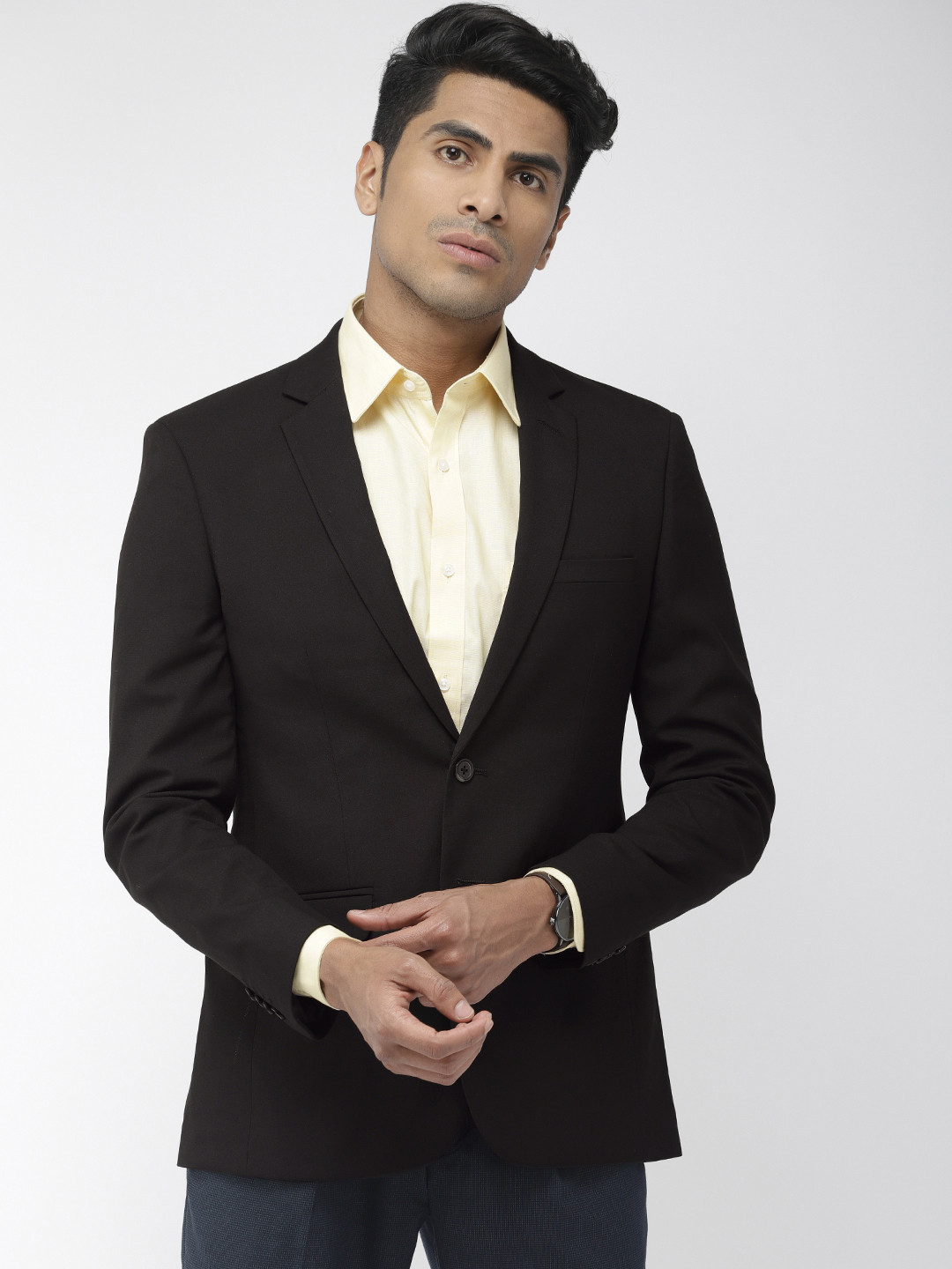 Buy Raymond Men Black Solid Slim Fit Single Breasted Formal Blazer ...