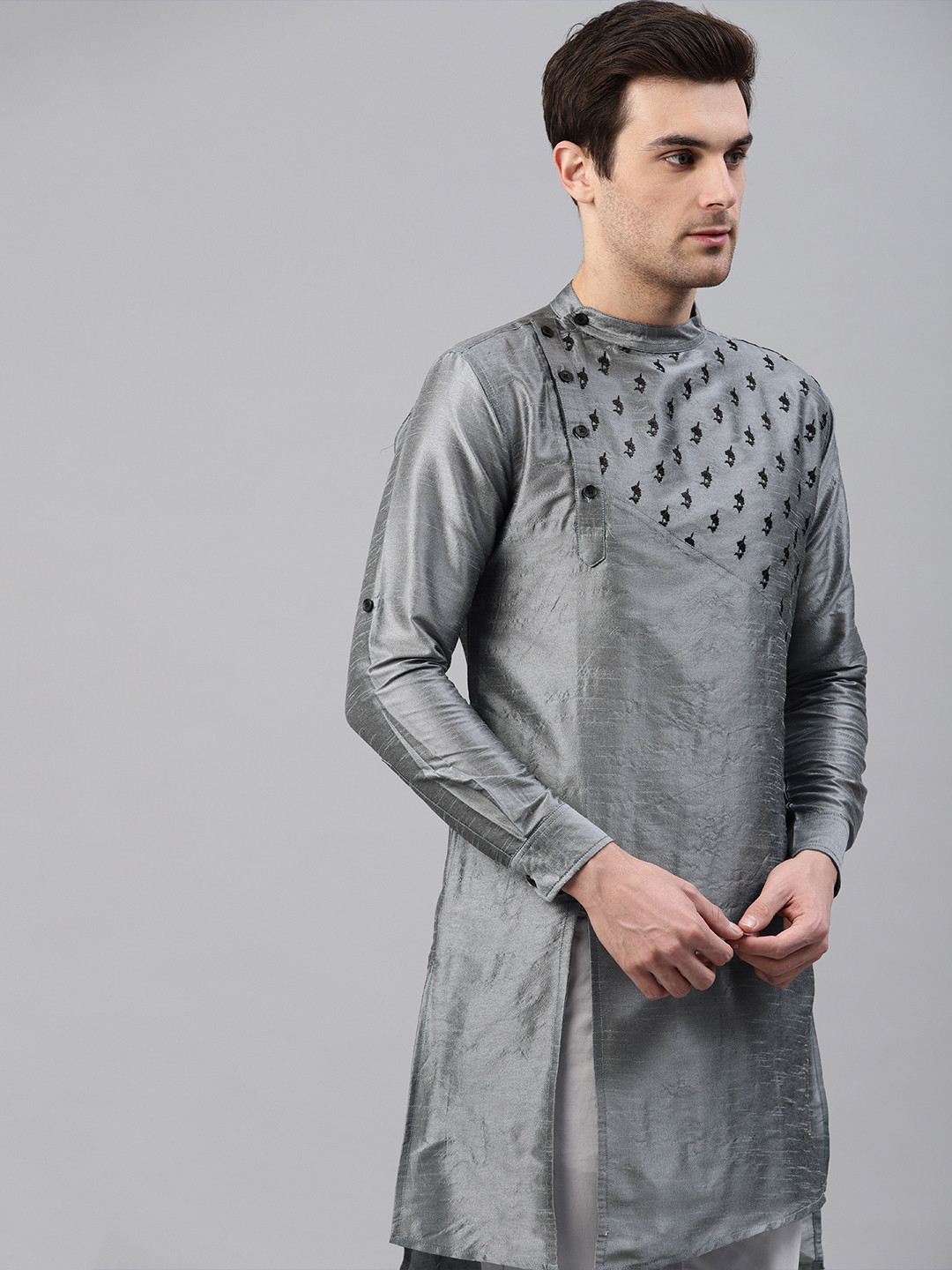 Buy Svanik Men Grey Embroidered Straight Kurta - Kurtas for Men ...