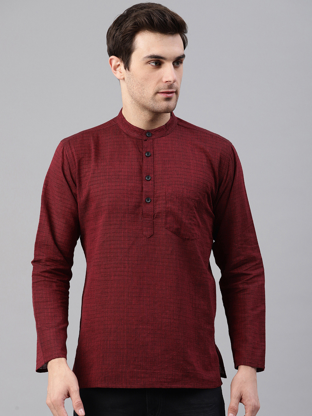 Buy Svanik Men Maroon Woven Design Straight Kurta - Kurtas for Men ...