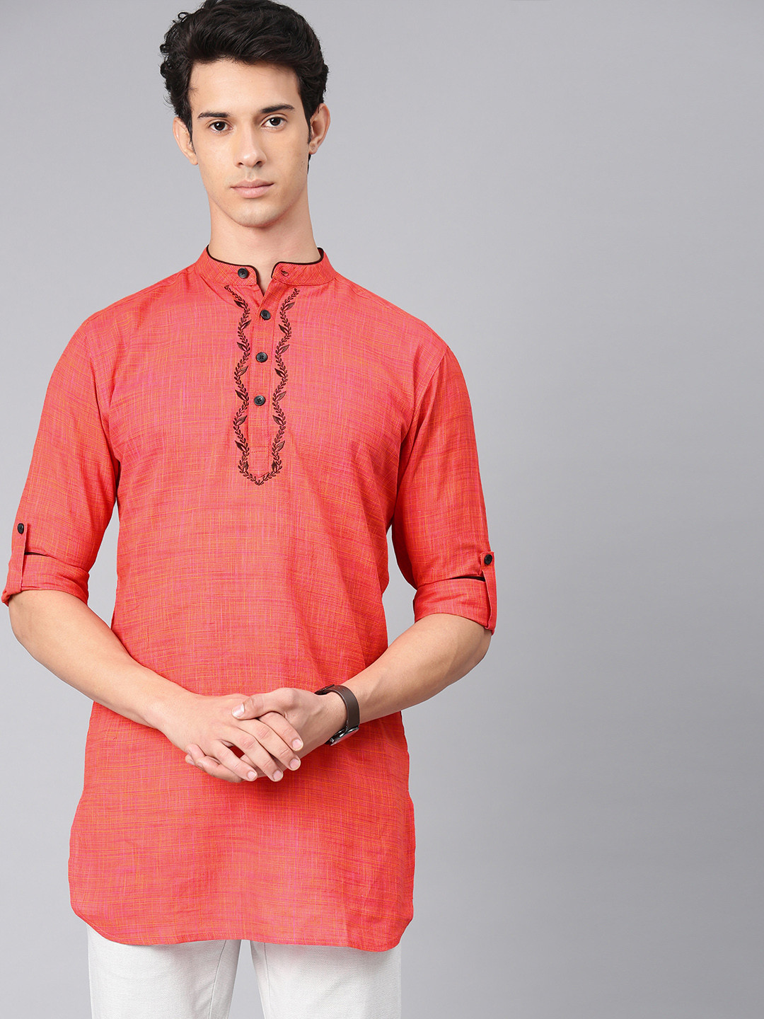 Buy Svanik Men Pink Woven Design Straight Kurta - Kurtas for Men ...