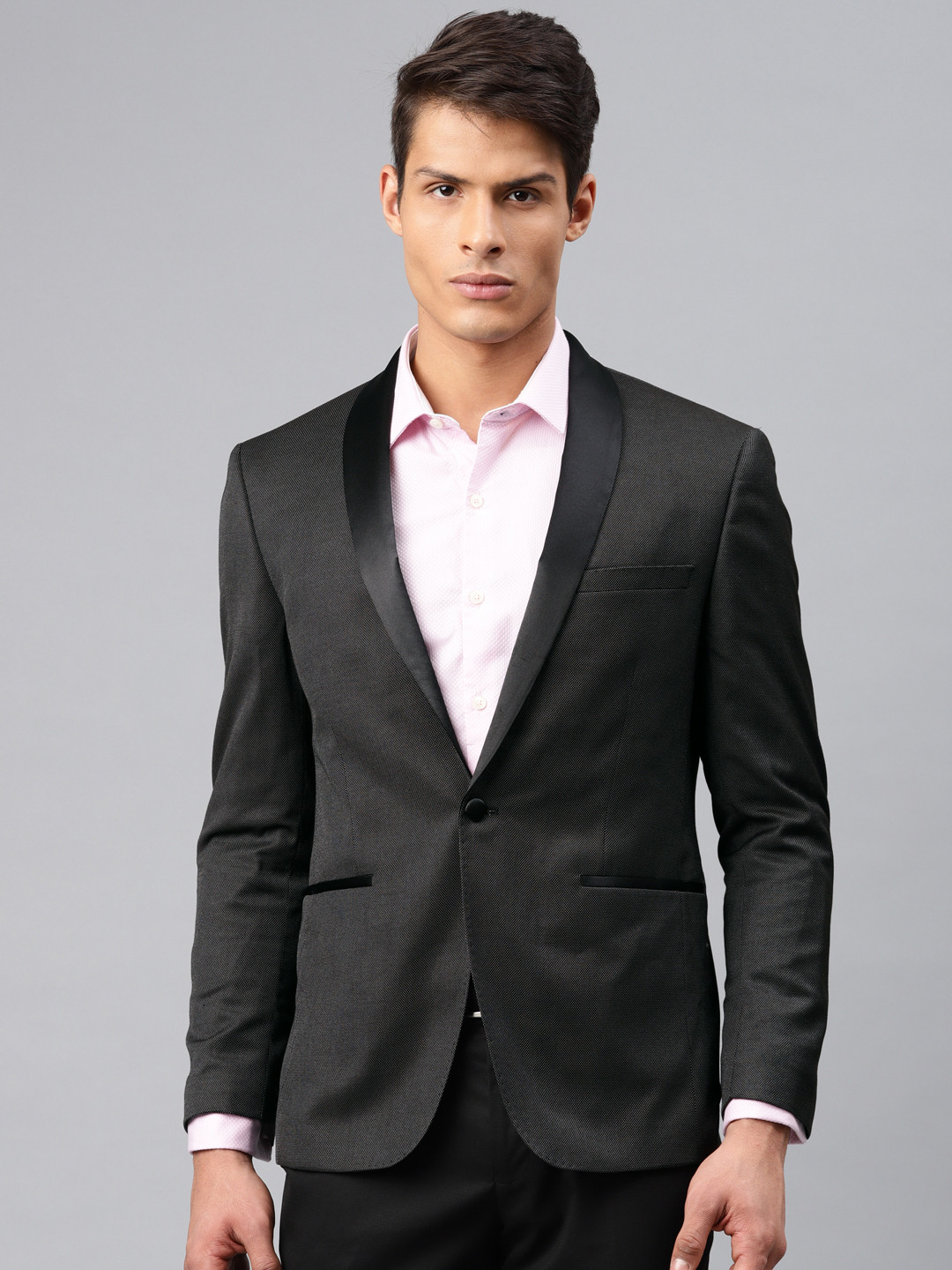 Buy Peter England Men Black Self Design Tuxedo Neo Slim Fit Formal ...