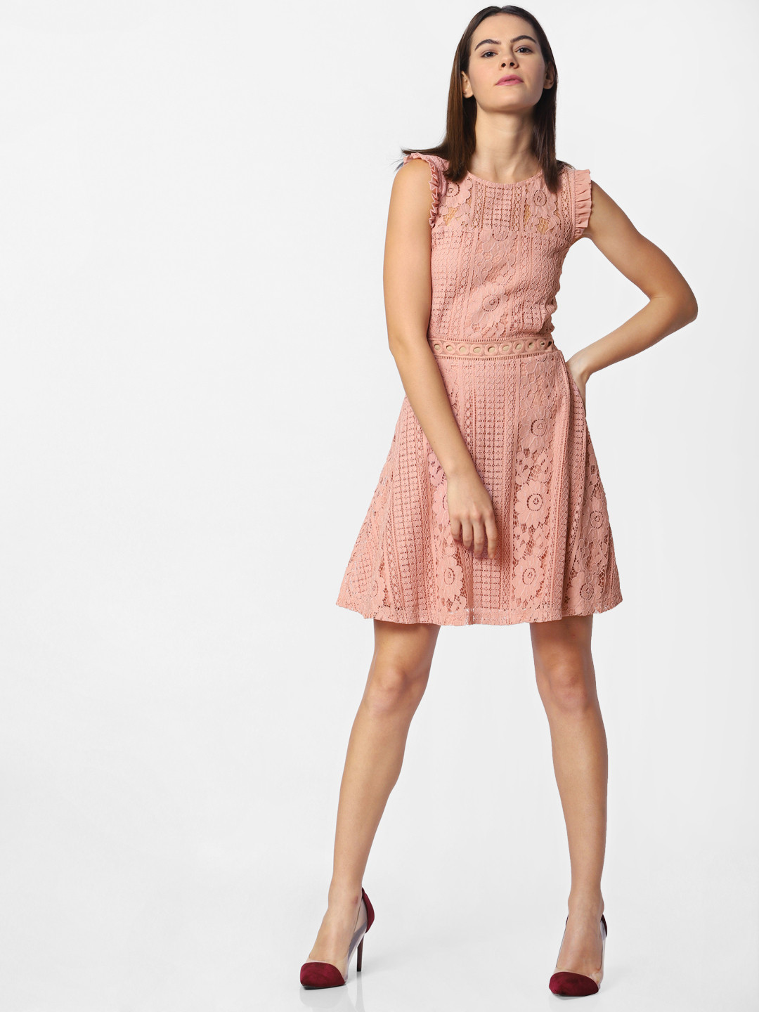 Buy ONLY Women Peach Coloured Self Design Fit And Flare Dress - Dresses ...