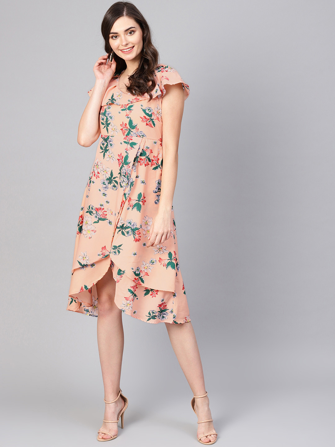 Buy Myshka Women Peach Coloured & Green Floral Printed Wrap Dress ...