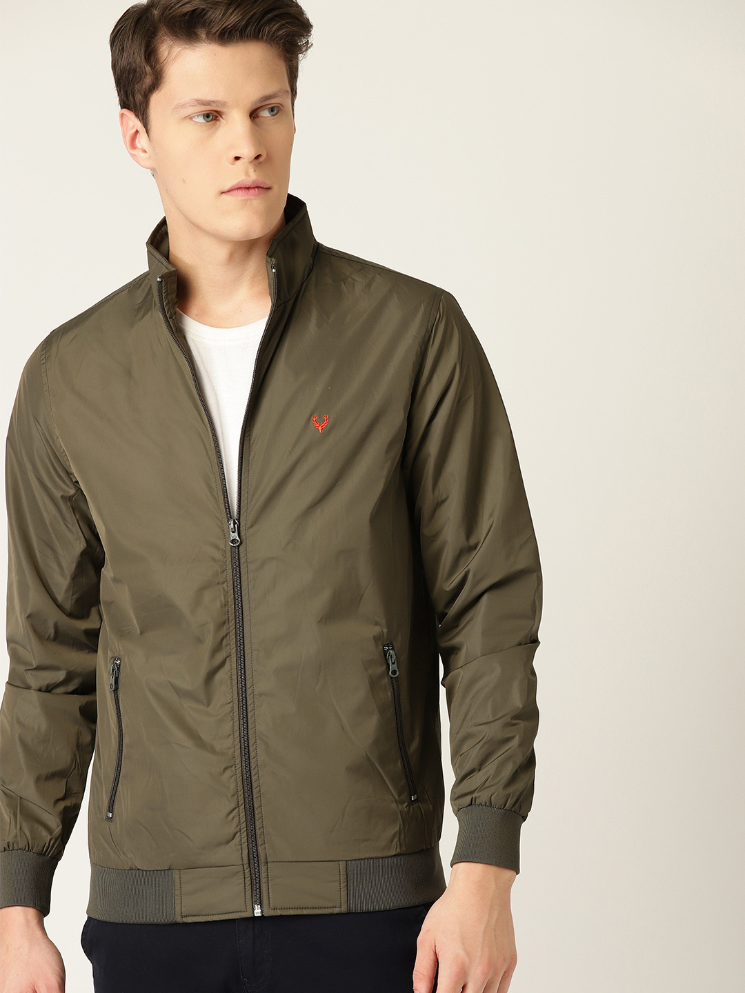 Buy Allen Solly Men Olive Green Solid Bomber Jacket - Jackets for Men ...