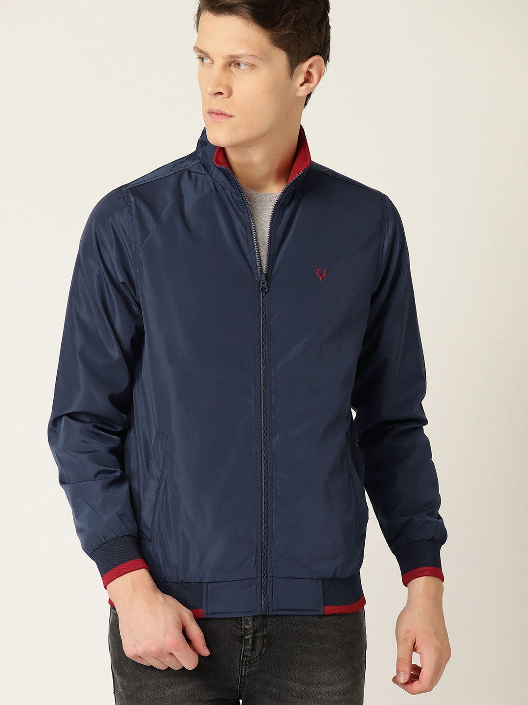 Buy Allen Solly Men Navy Blue Solid Bomber Jacket - Jackets for Men ...