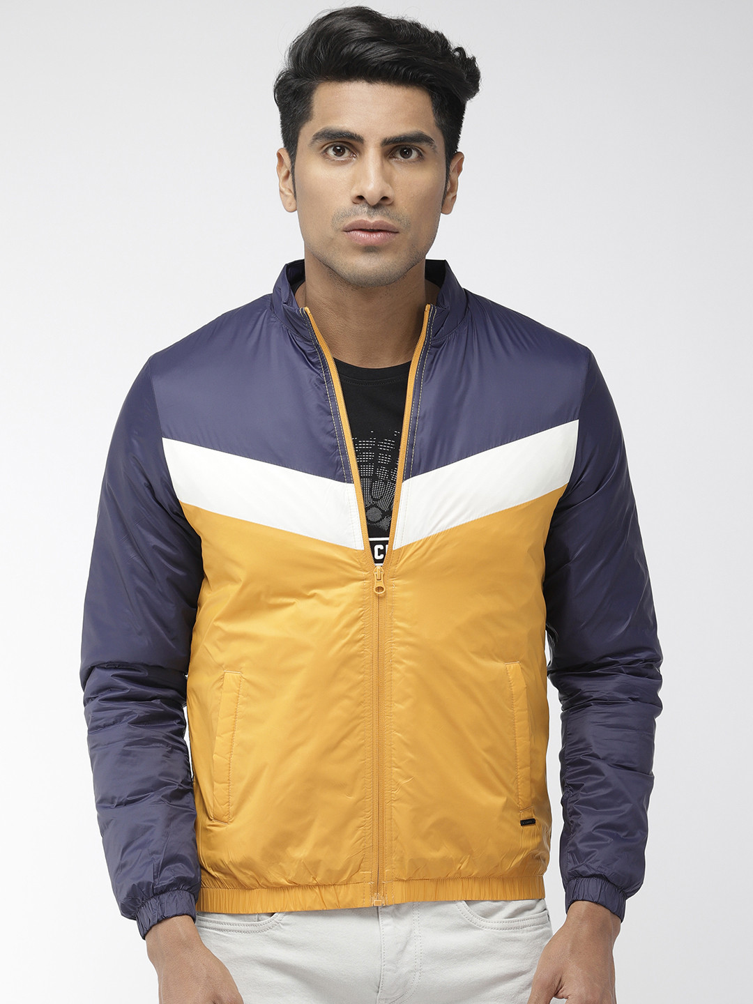 Buy Flying Machine Men Yellow & Navy Colourblocked Bomber Jacket ...