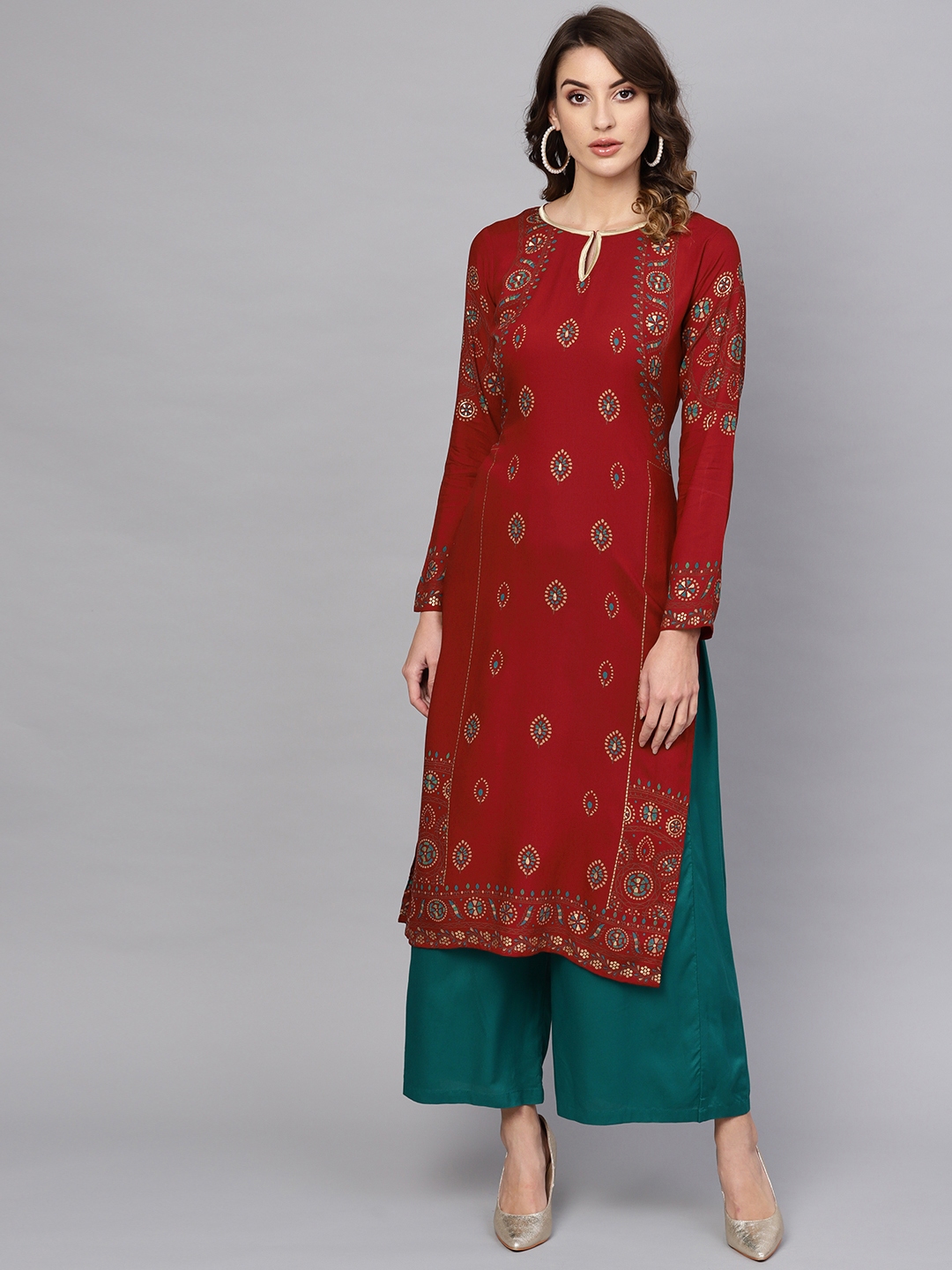 Buy Libas Women Maroon And Teal Green Printed Straight Kurta Kurtas For