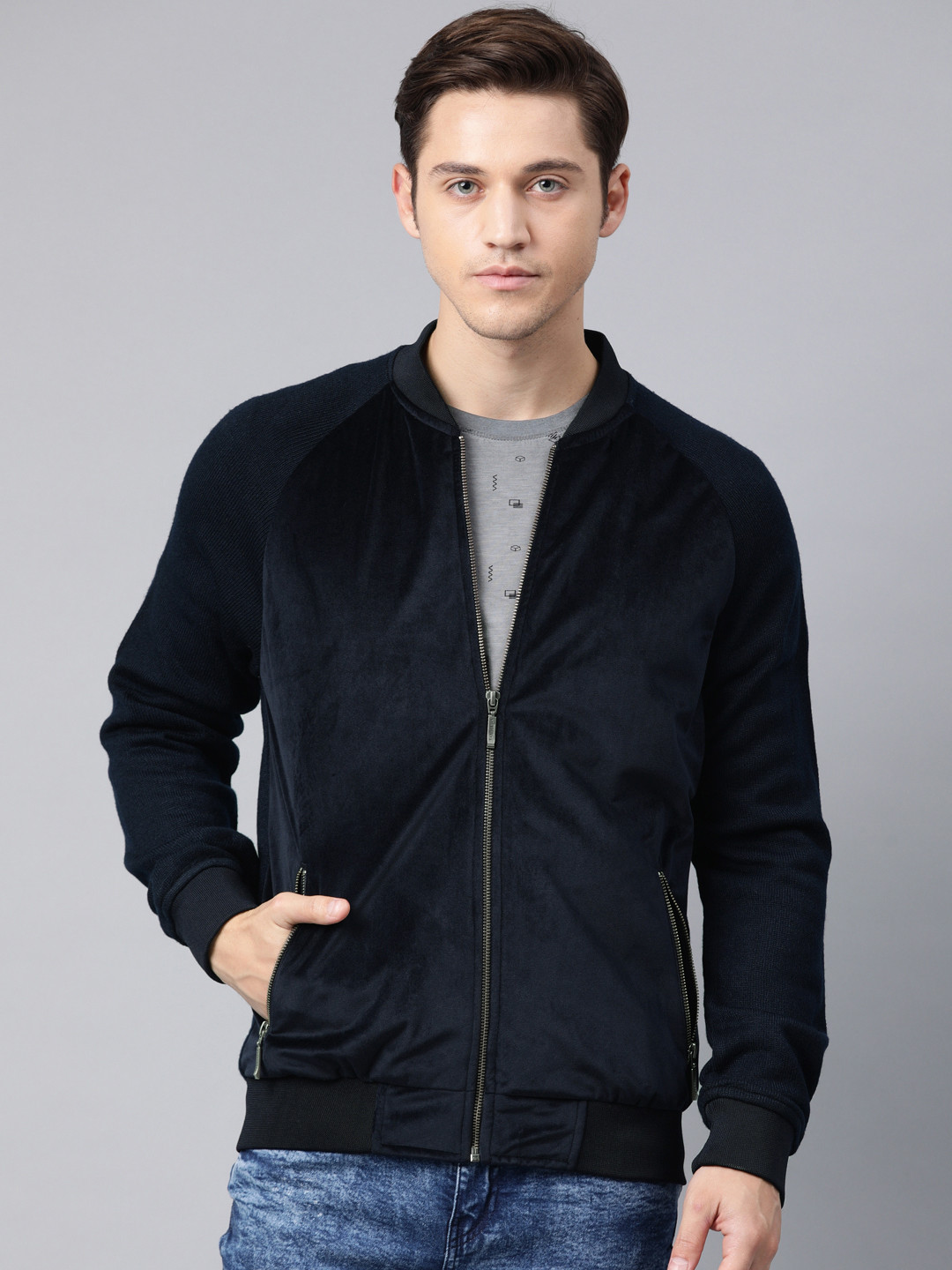 Buy Van Heusen Men Navy Blue Solid Velvet Finish Bomber Jacket ...