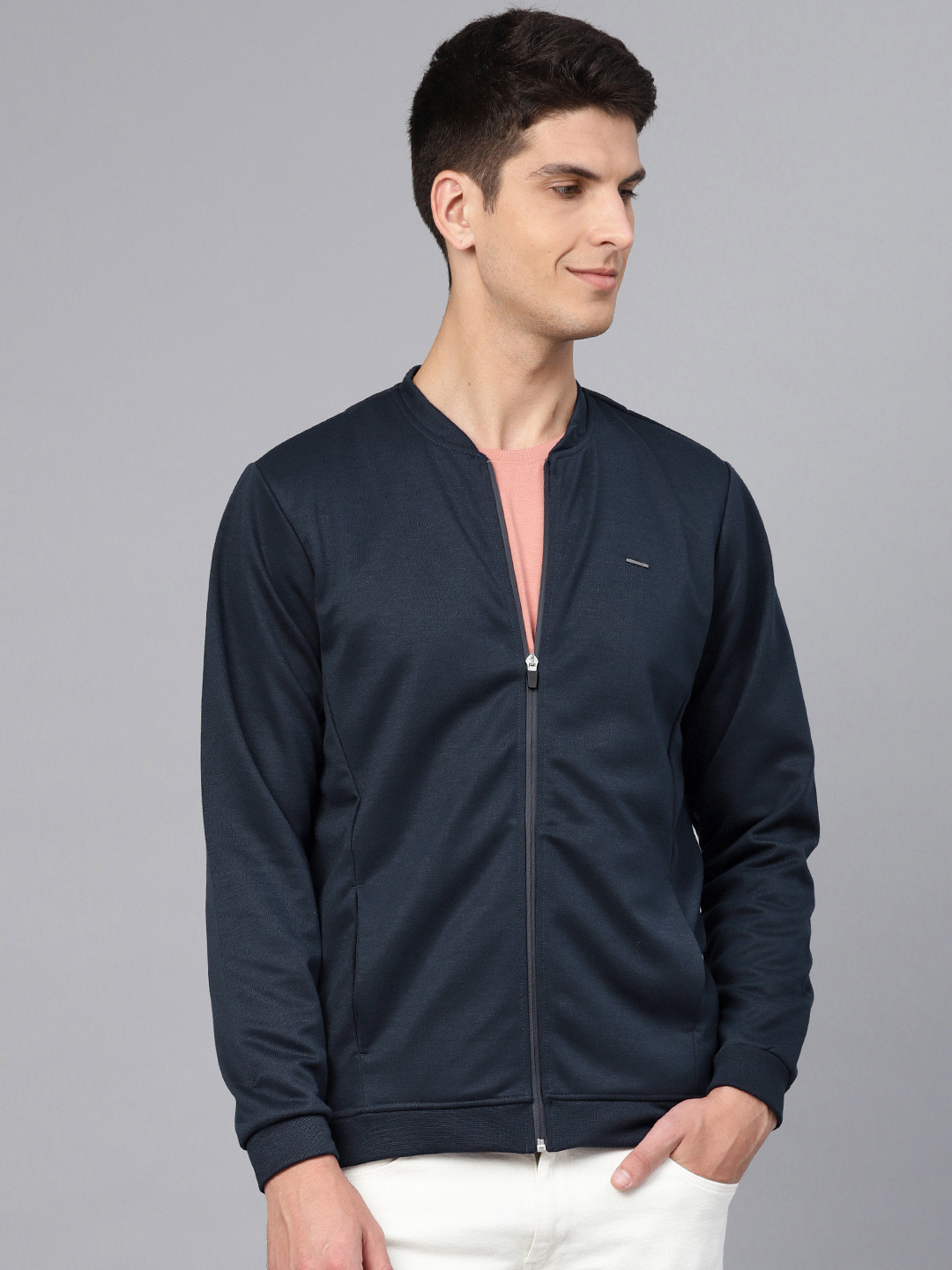 Buy Van Heusen Men Navy Blue Solid Slim Fit Bomber Jacket - Jackets for ...