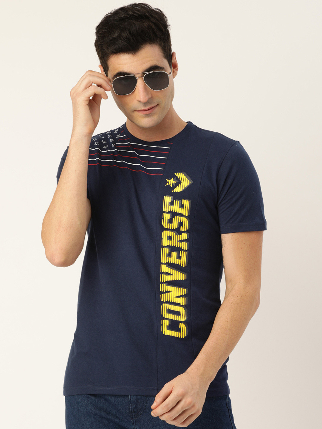 Buy Converse Men Navy Blue Placement Printed Round Neck Pure Cotton T ...