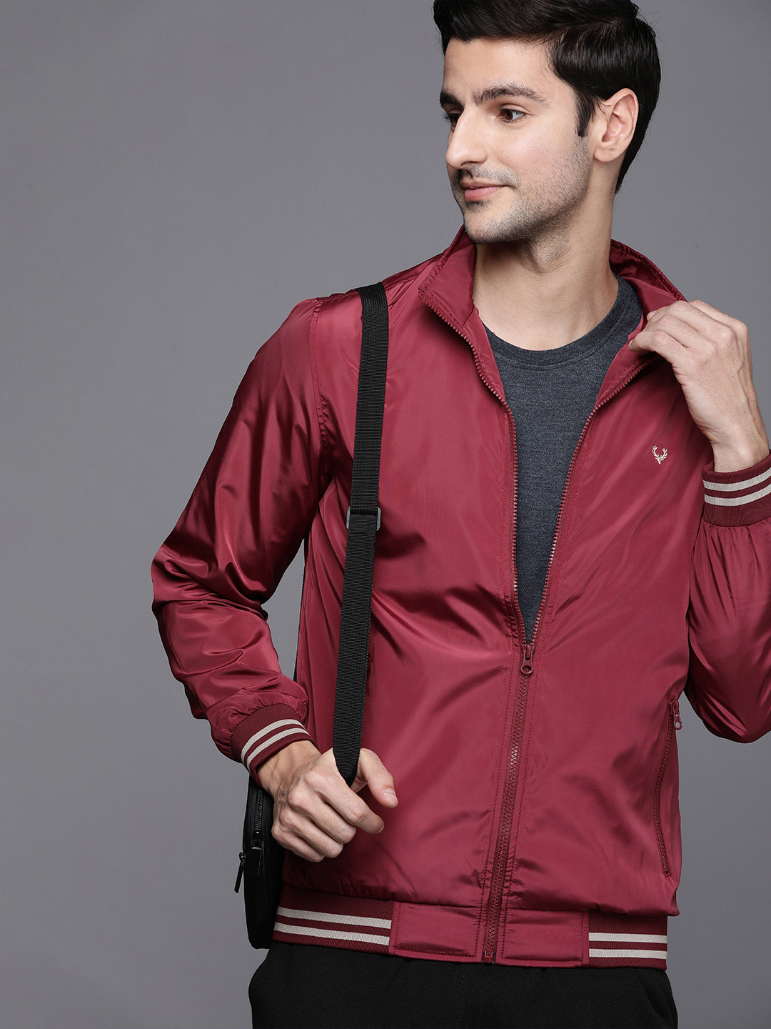 Buy Allen Solly Sport Men Maroon Solid Bomber Jacket - Jackets for Men ...