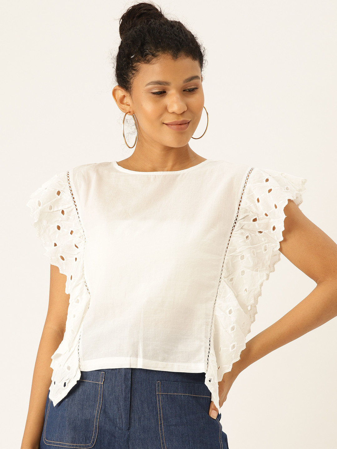 Buy MANGO Women White Solid Schiffli Embroidered Pure Cotton Top - Tops ...