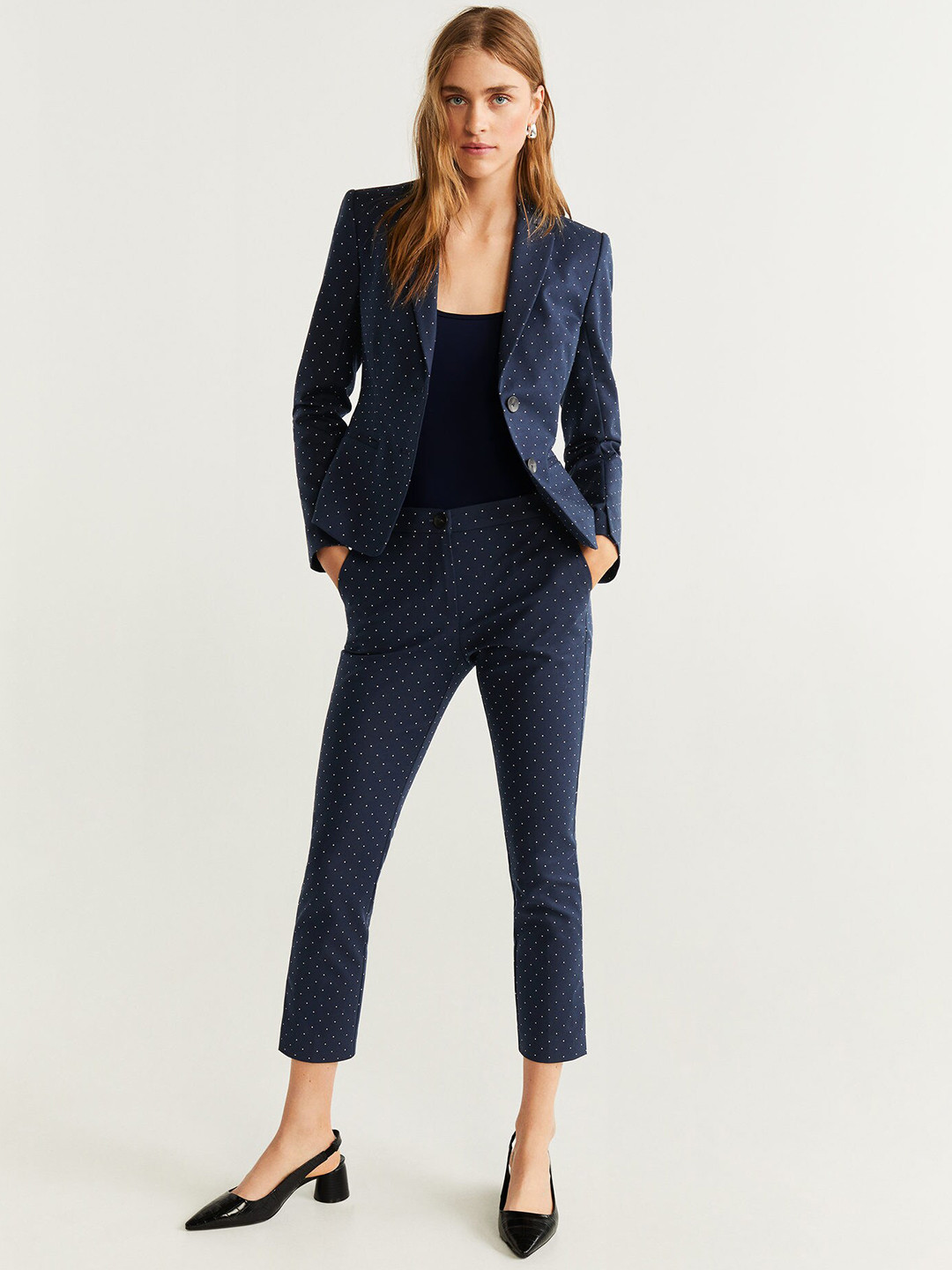 Buy MANGO Women Navy Blue & White Printed Singe Breasted Casual Blazer ...