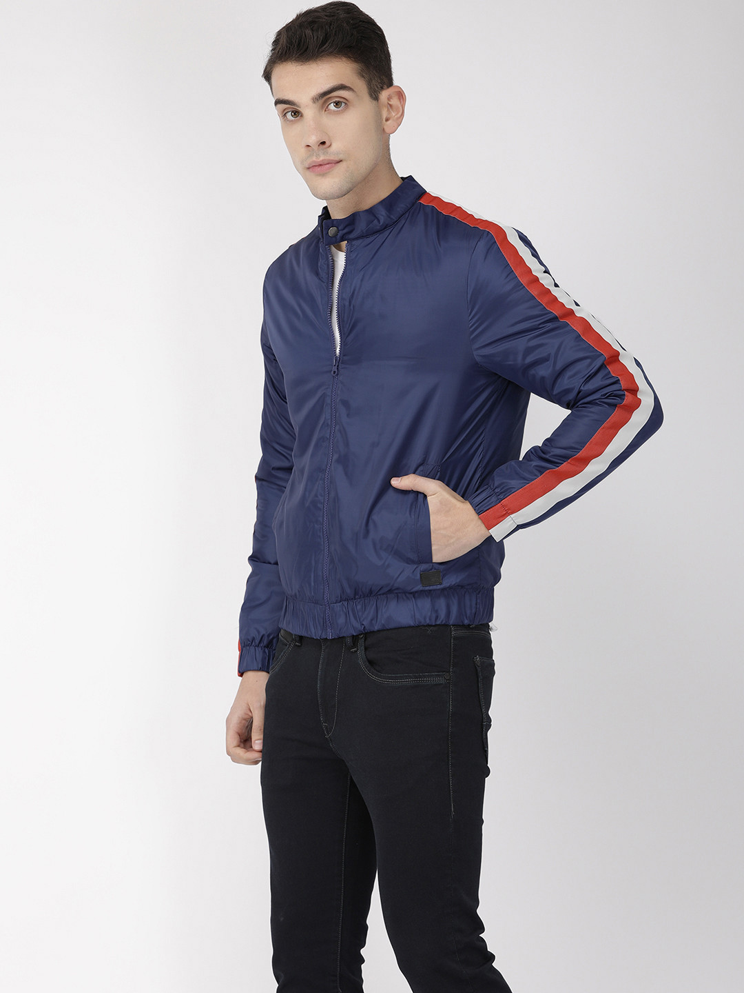 Buy Flying Machine Men Navy Blue Solid Bomber Jacket - Jackets for Men ...