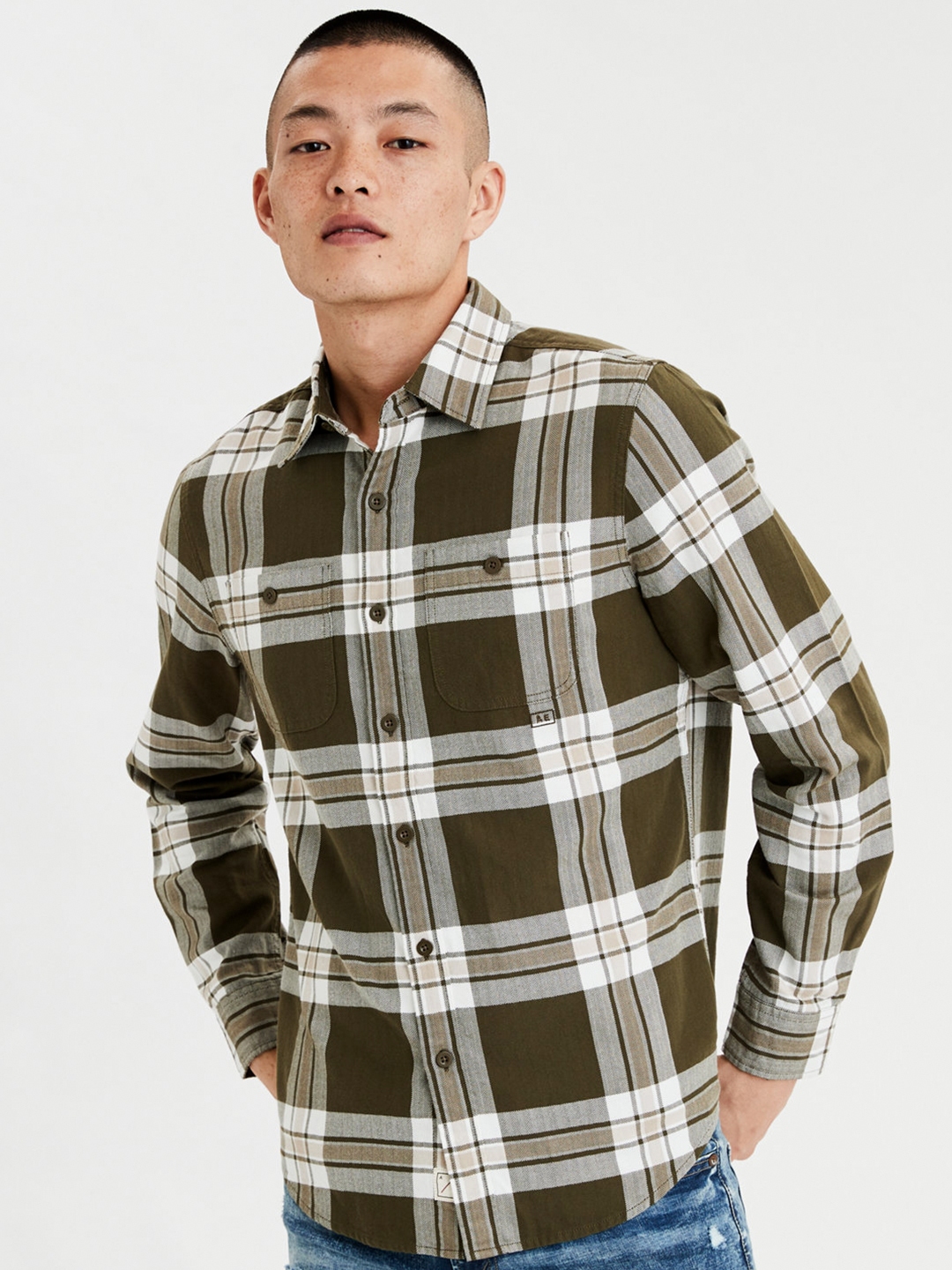 Buy American Eagle Outfitters Men Olive Green And White Regular Fit